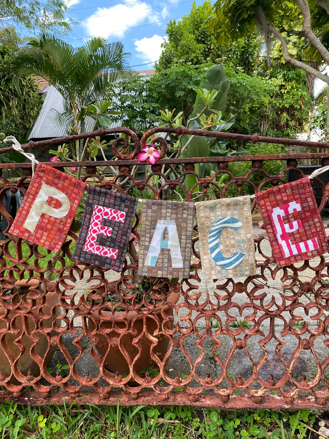 PEACE BANNER Upcycled Fabric Flags Yard Art Woodland Garden Cottage ...