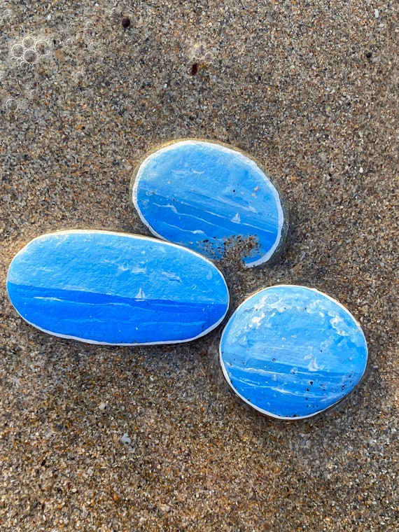 PAINTED Stone Blue Ocean Coastal Beach Rocks Summer Souvenir - Etsy