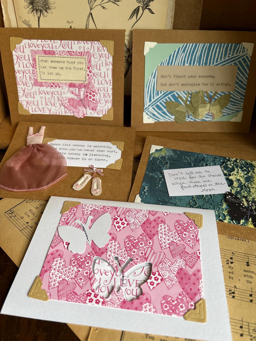 5 UNIQUE Note Cards | Handmade Typed Stitched Blank Greeting Card With ...