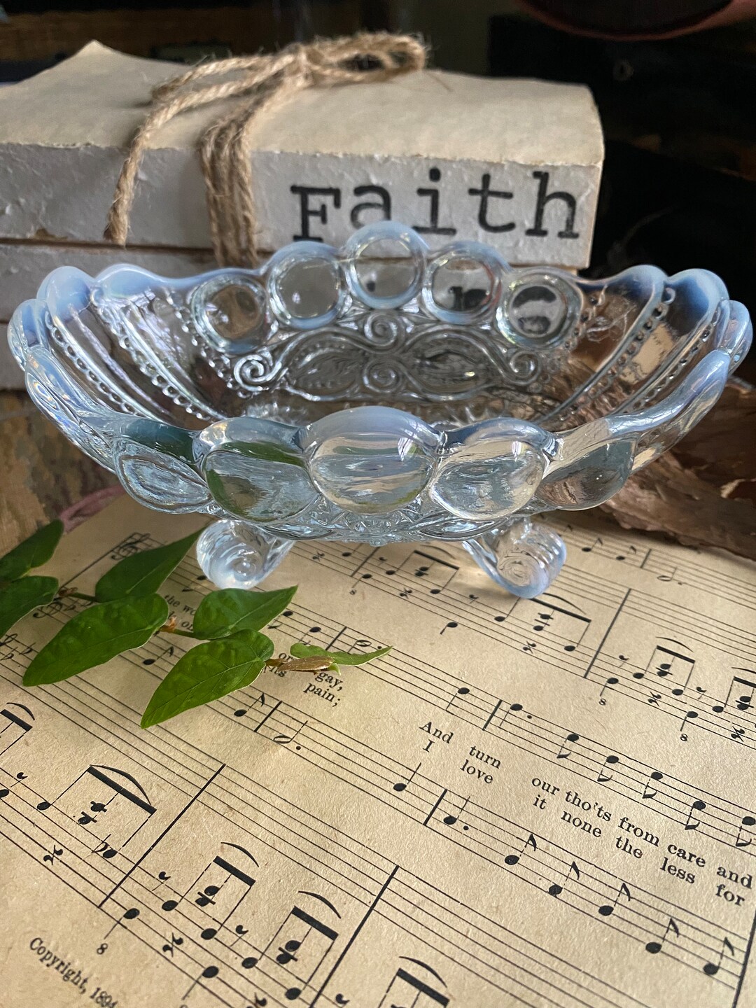 VINTAGE Soap Dish Depression Glass Vanity Pedestal Bowl Pale Blue Rim ...
