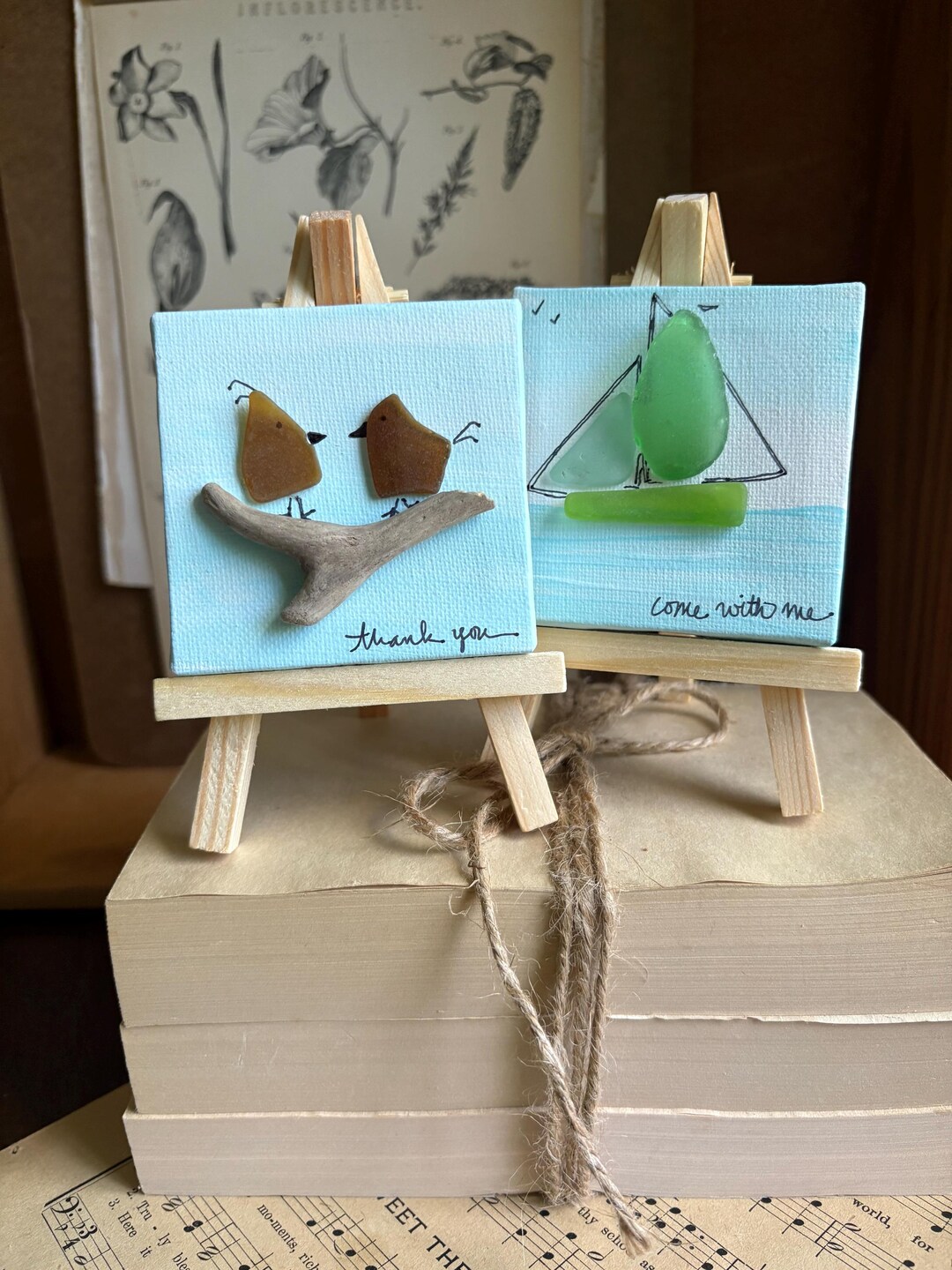 SEA GLASS Art | Sail Boat Ocean Miniature Bird Frame on Easel Small ...