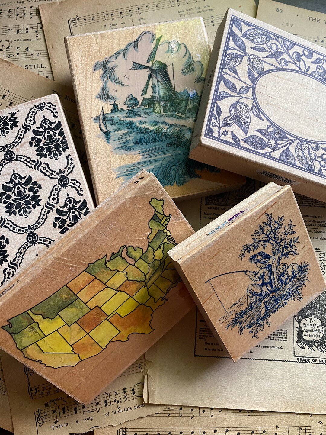 5 Large Rubber Stamps | Block Wood Dutch Windmill, Toile Landscape ...