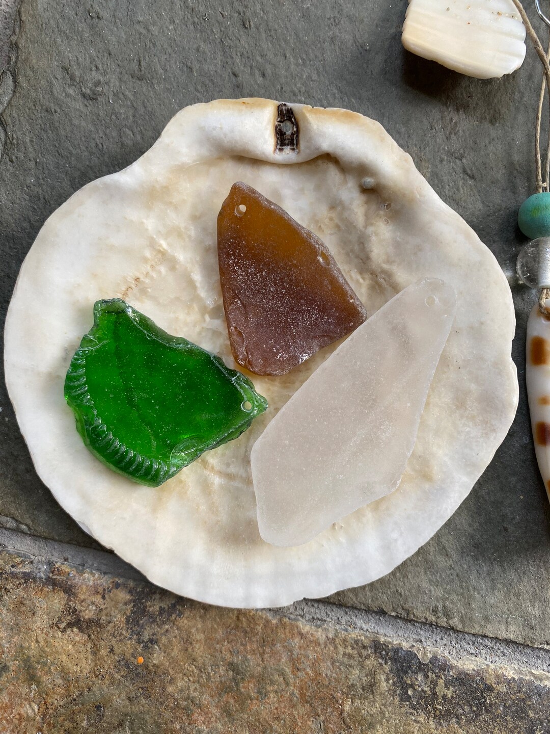 10 DRILLED Beach Shell, Sea Glass Pendant DIY Mobile Hangers, Natural ...
