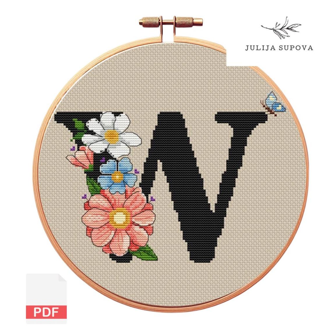 Personalized Letter W Cross Stitch Pattern Floral Embroidery Design ...