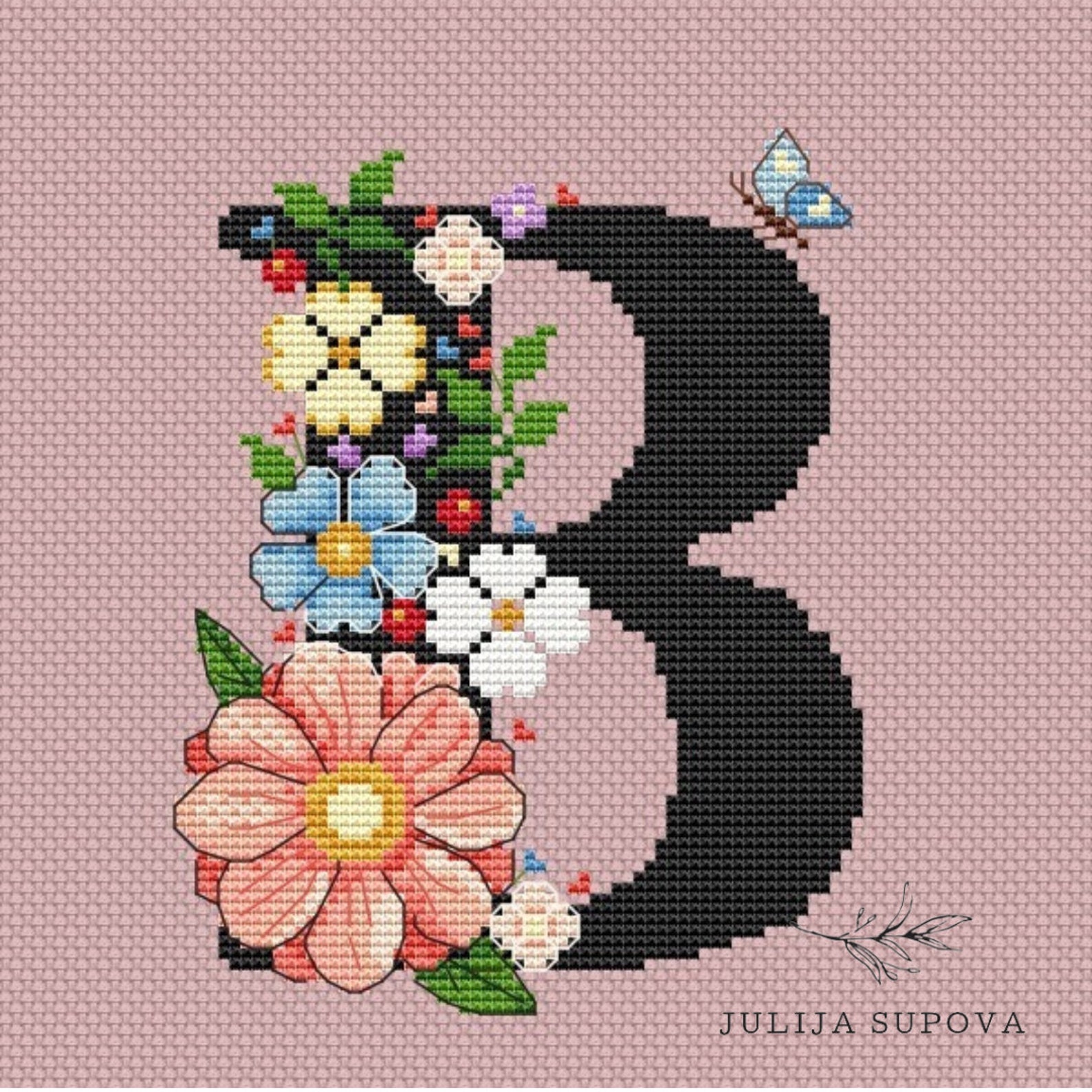 Personalized Letter B Cross Stitch Pattern Floral Embroidery Design ...