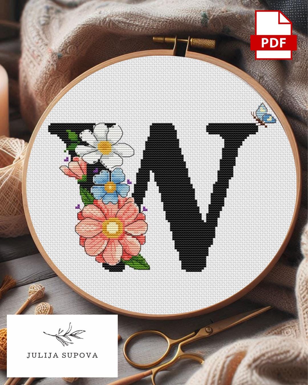 Personalized Letter W Cross Stitch Pattern Floral Embroidery Design ...