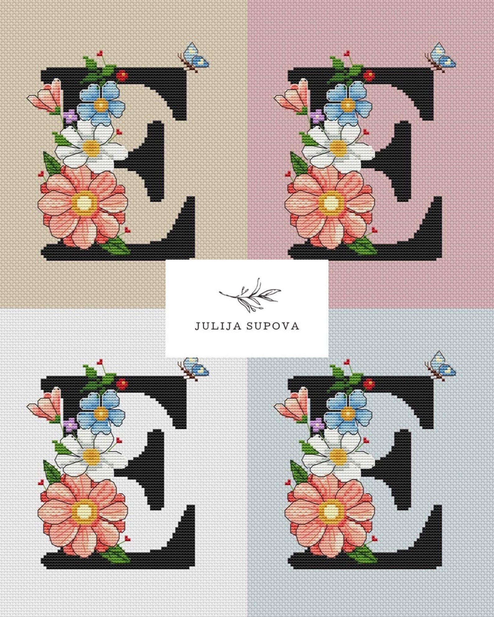 Personalized Letter E Cross Stitch Pattern Floral Embroidery Design ...
