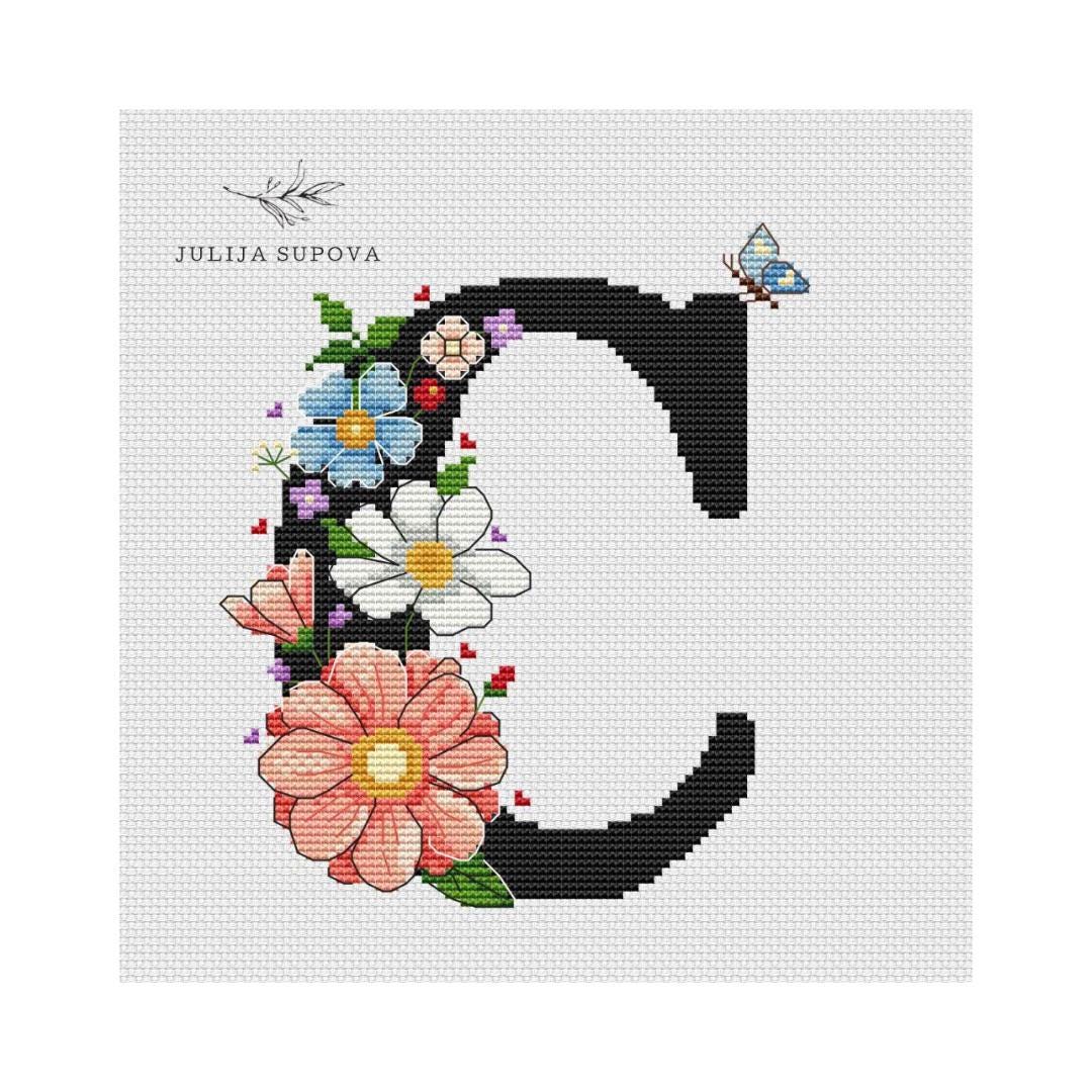 Personalized Letter C Cross Stitch Pattern Floral Embroidery Design ...