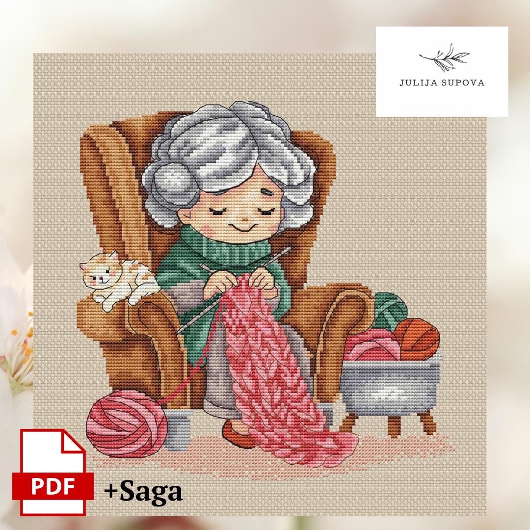Cute Grandma Pdf Cross Stitch Pattern Cozy Knit Ornament Cat Handmade ...