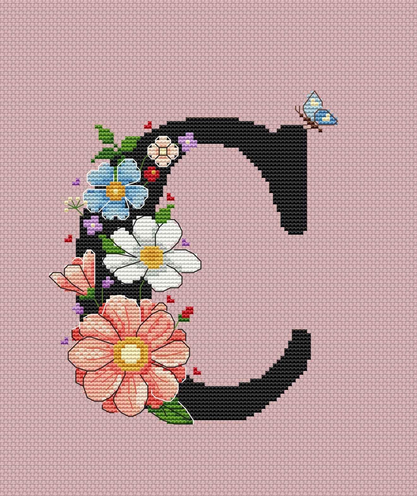 Personalized Letter C Cross Stitch Pattern Floral Embroidery Design ...