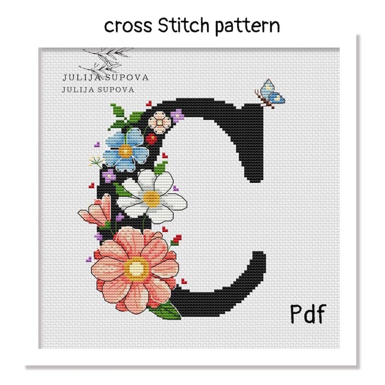 Personalized Letter C Cross Stitch Pattern Floral Embroidery Design ...