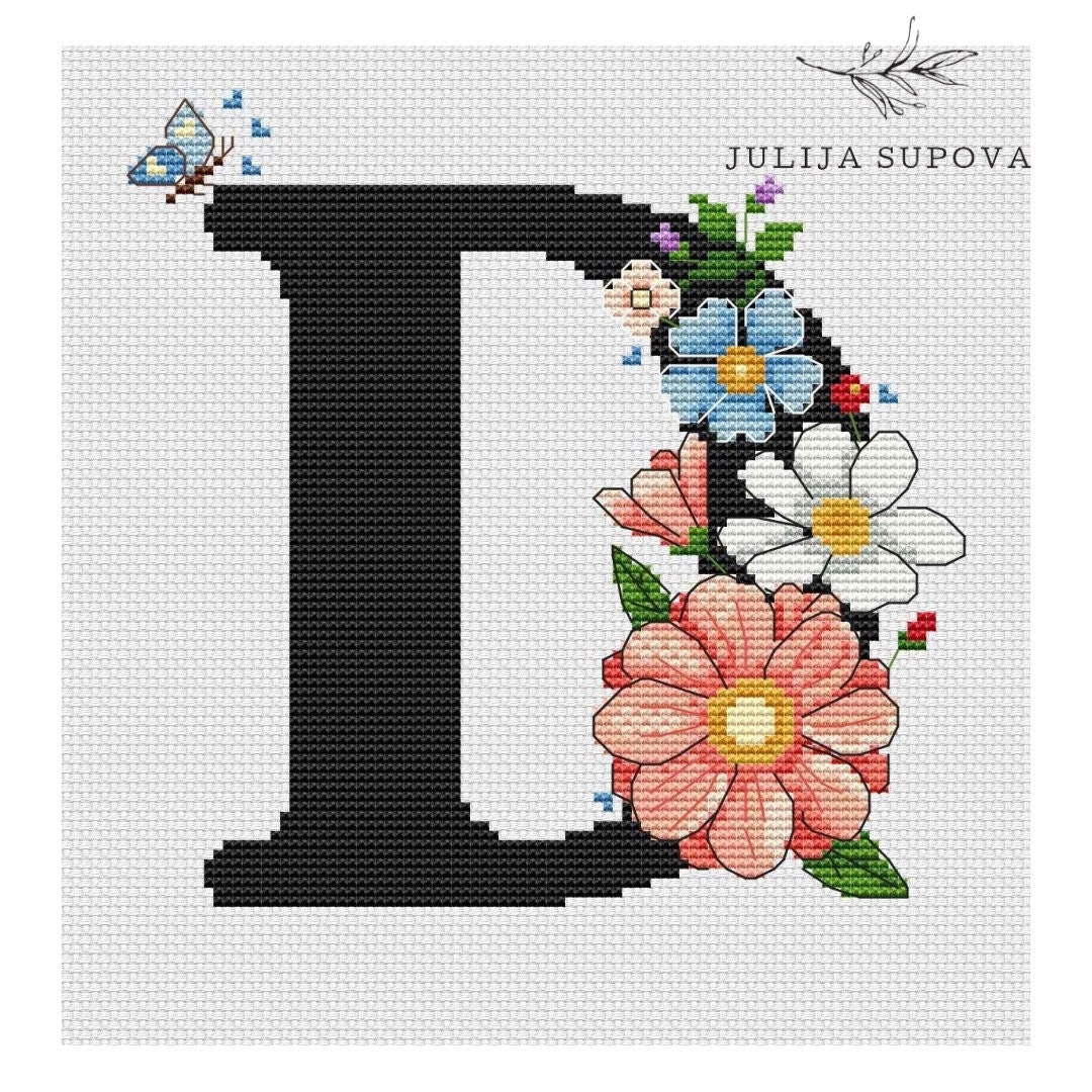 Personalized Letter D Cross Stitch Counted Pattern Floral Embroidery ...