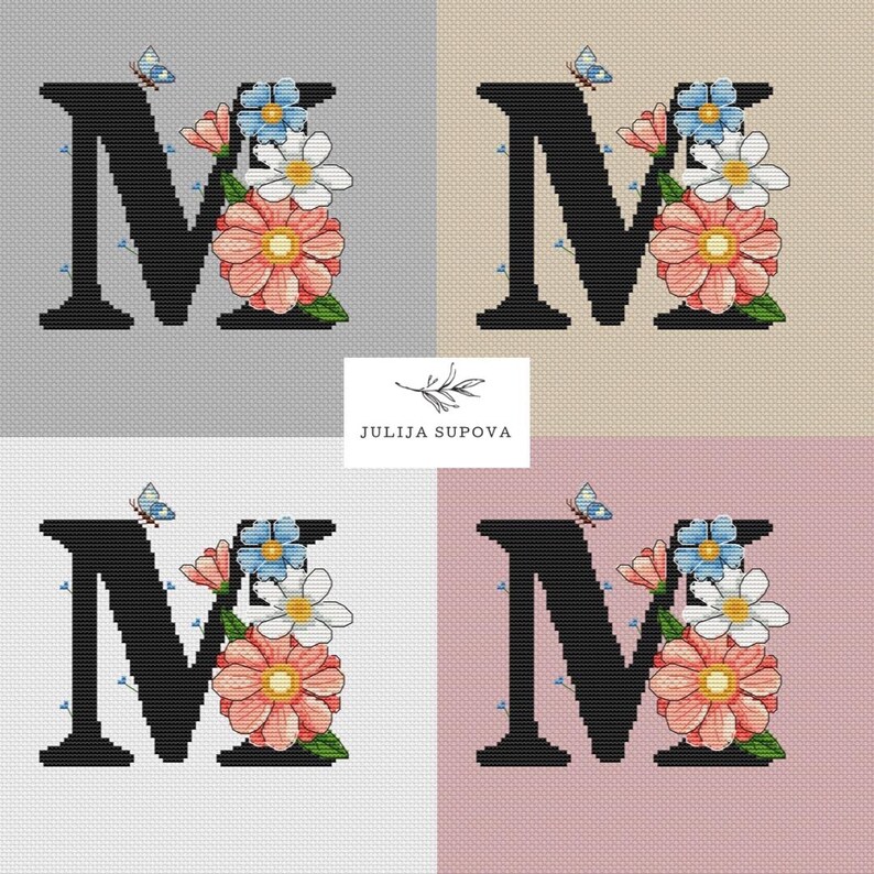 Personalized Letter M Cross Stitch Pattern Floral Embroidery Design ...