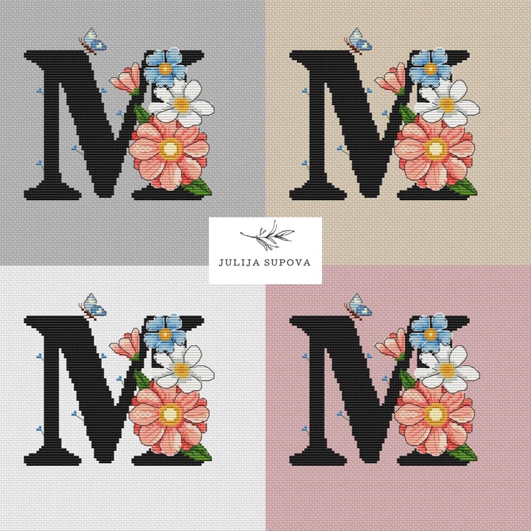 Personalized Letter M Cross Stitch Pattern Floral Embroidery Design ...