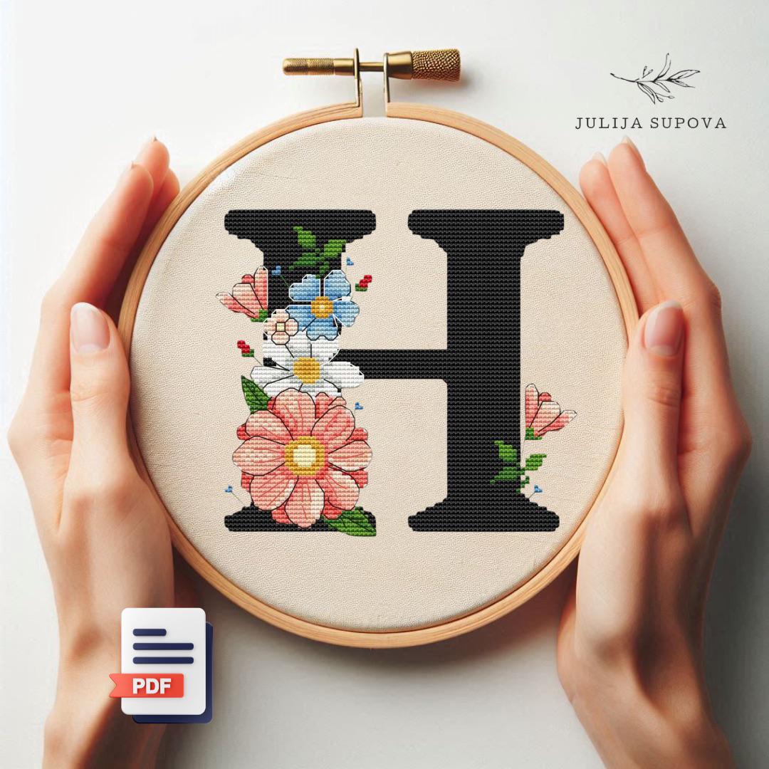 Personalized Letter H Cross Stitch Pattern Floral Embroidery Design ...
