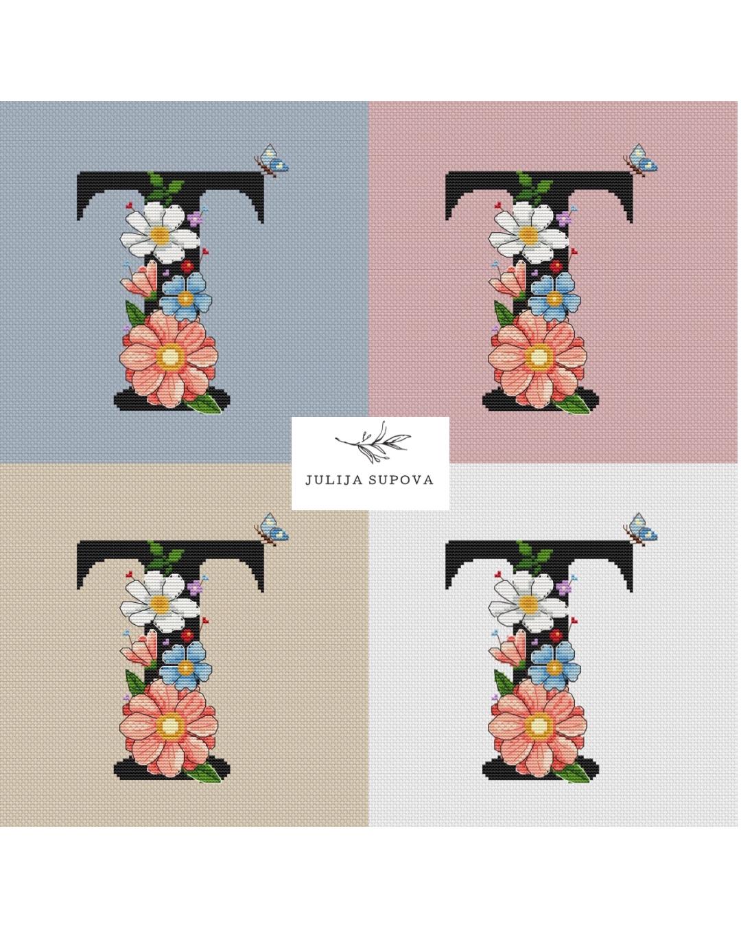 Personalized Letter T Cross Stitch Pattern Floral Embroidery Design ...