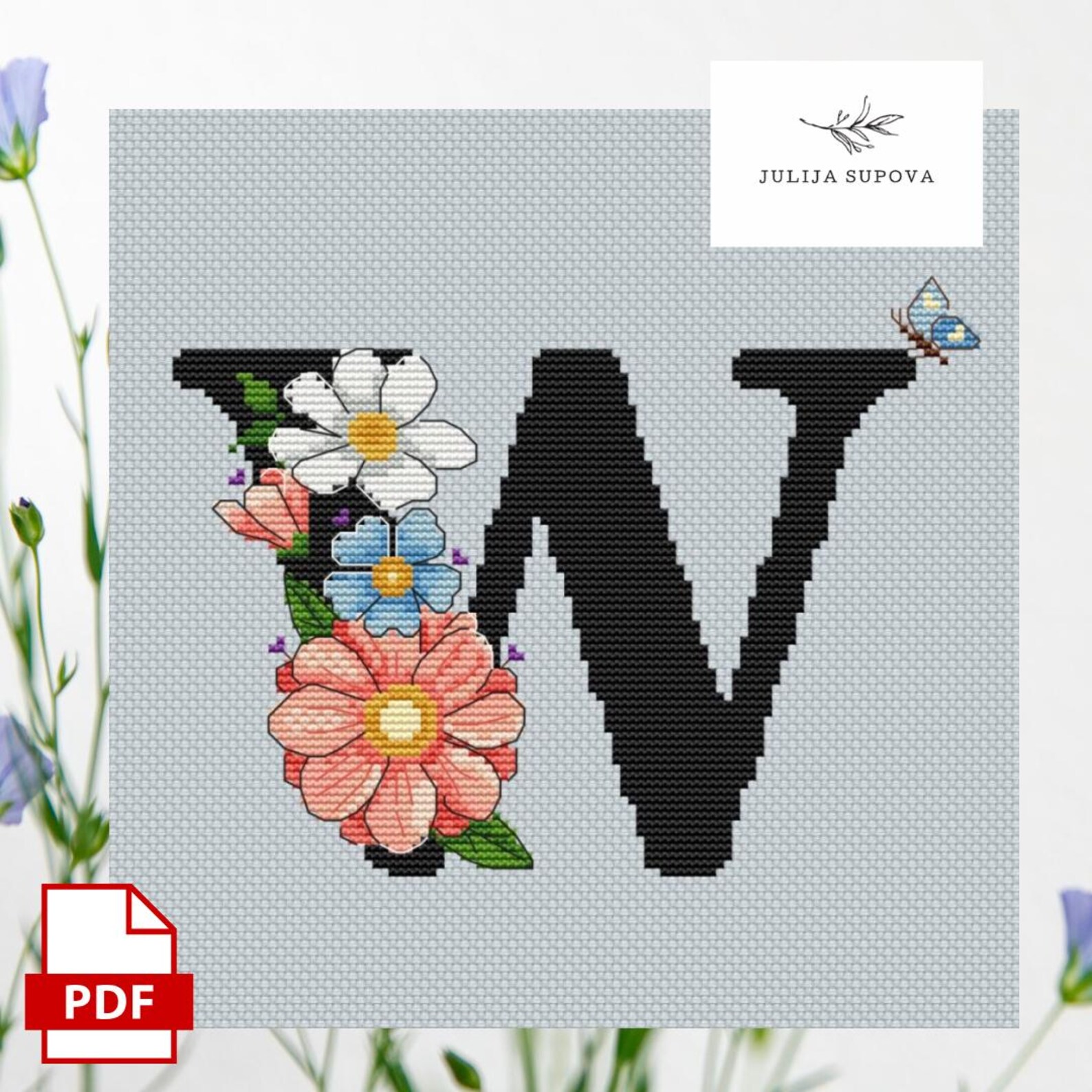 Personalized Letter W Cross Stitch Pattern Floral Embroidery Design ...