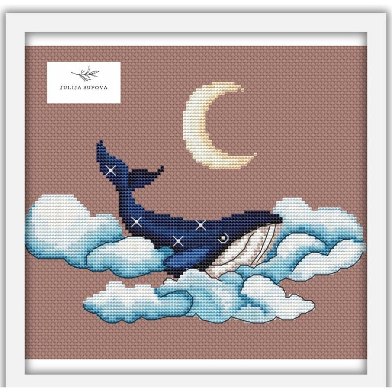 Whale on the Clouds Pdf Cross Stitch Pattern Embroidery Modern Funny ...