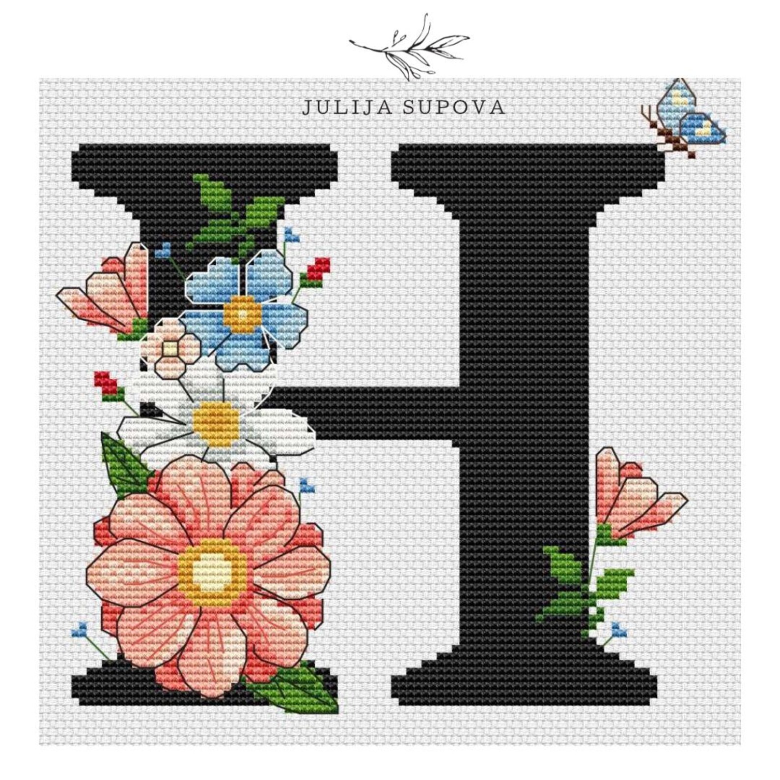Personalized Letter H Cross Stitch Pattern Floral Embroidery Design ...