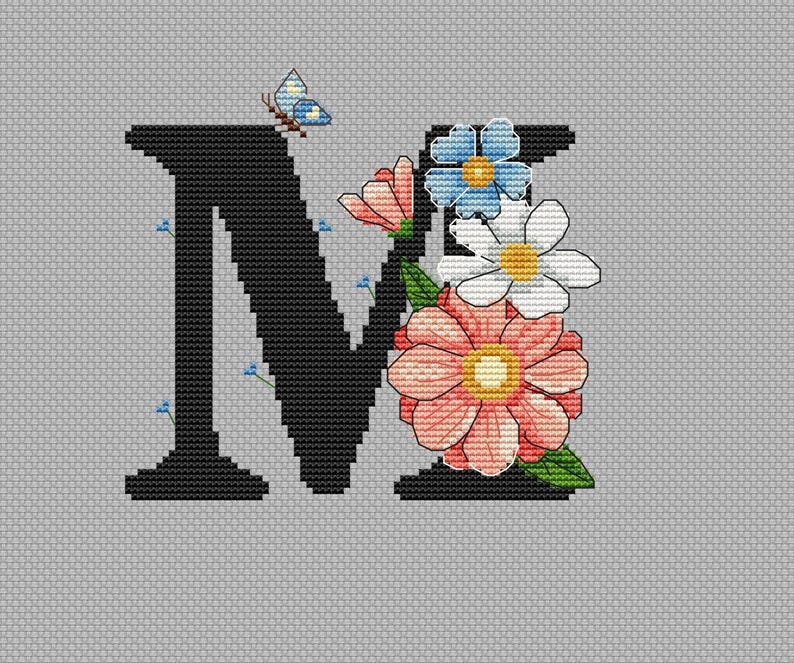Personalized Letter M Cross Stitch Pattern Floral Embroidery Design ...