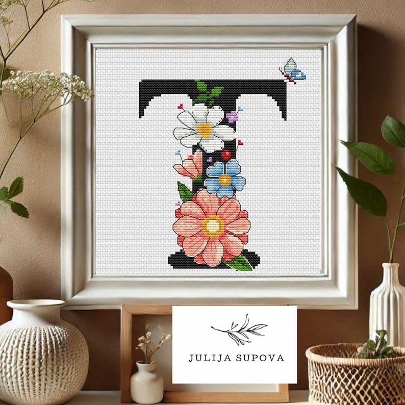 Personalized Letter T Cross Stitch Pattern Floral Embroidery Design ...