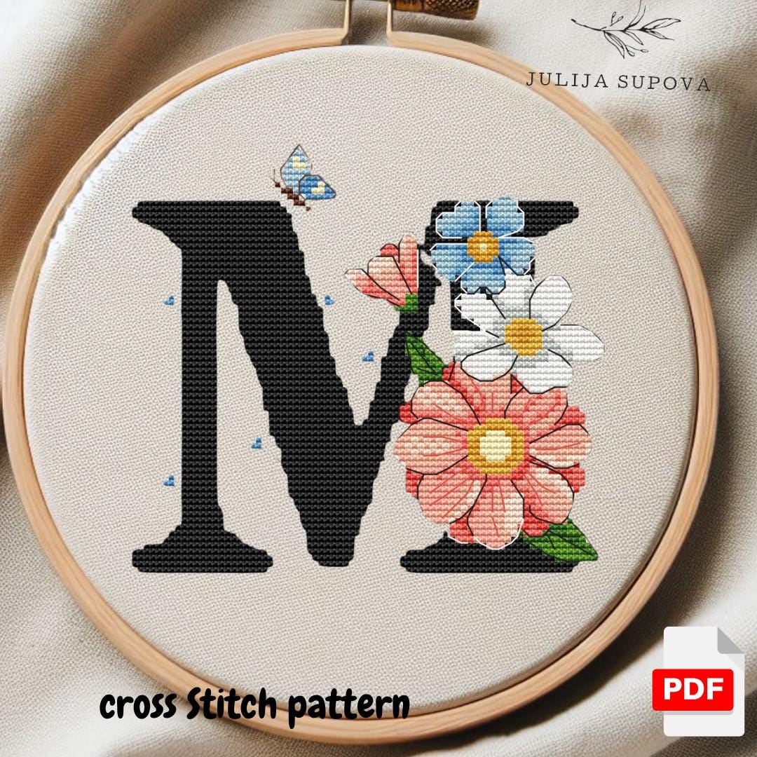 Personalized Letter M Cross Stitch Pattern Floral Embroidery Design ...