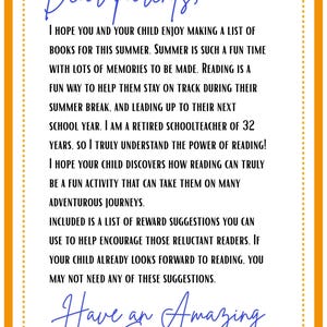 Summer Reading Goal Packet for Child’s List of Books to Read This ...