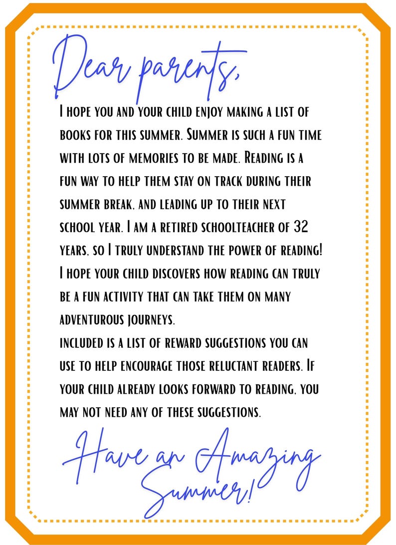 Summer Reading Goal Packet for Child’s List of Books to Read This ...