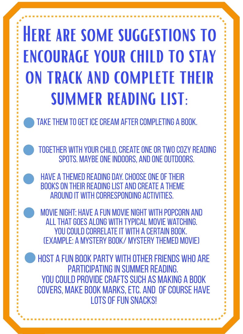Summer Reading Goal Packet for Child’s List of Books to Read This ...