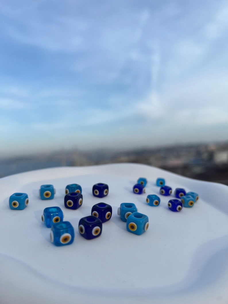5 PCS Cube Evil Eye Murano Glass Beads, Handmade Square Evil Eye Charm ...
