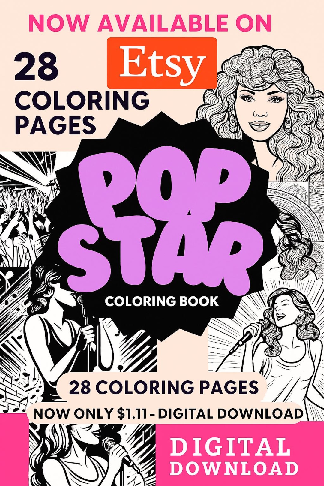 Popstar Coloring Book: Glam Fashion, Music Lover (instant Download PDF ...
