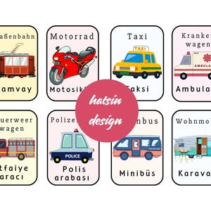 32 Transportation Vocabulary Flashcards, Turkish German Vehicle ...