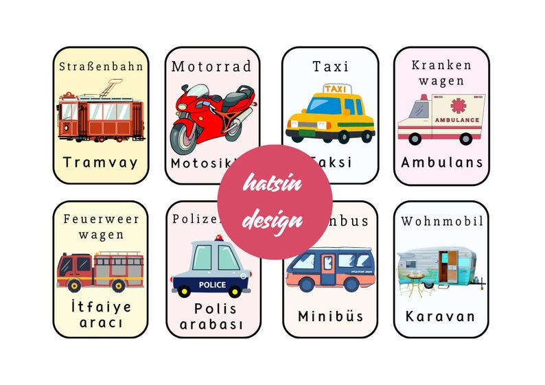 32 Transportation Vocabulary Flashcards, Turkish German Vehicle ...