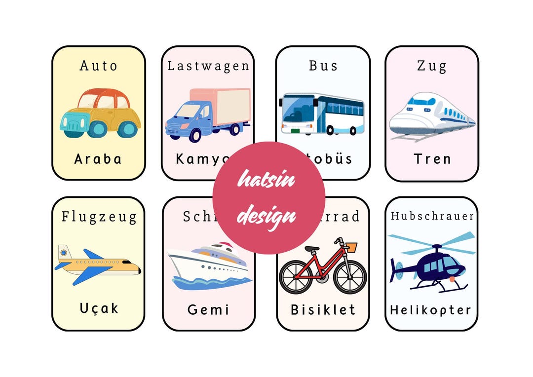 32 Transportation Vocabulary Flashcards, Turkish German Vehicle ...