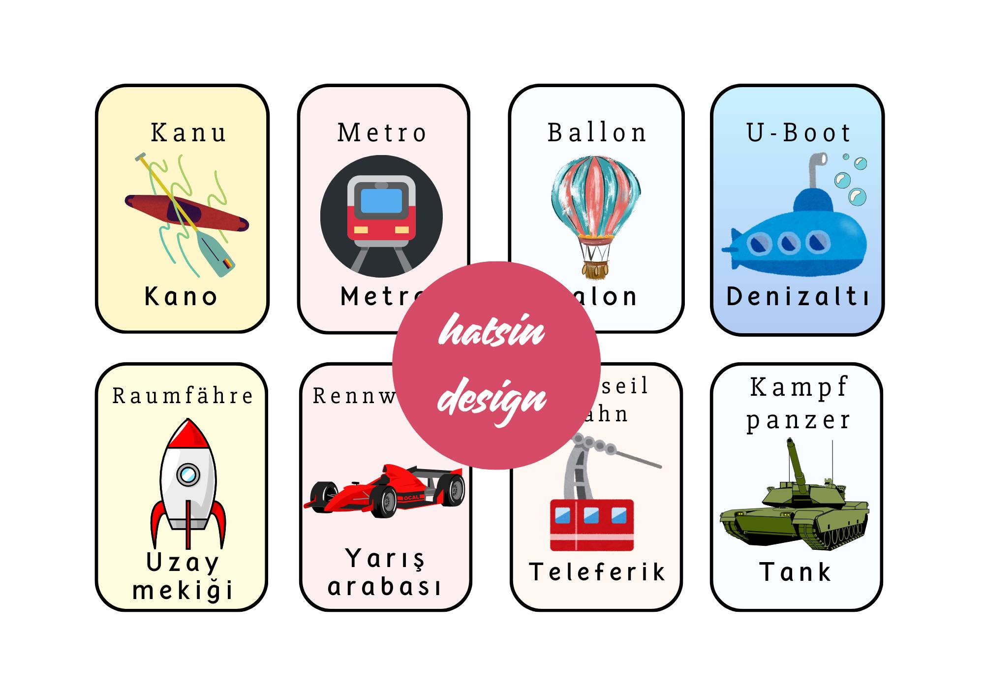 32 Transportation Vocabulary Flashcards, Turkish German Vehicle ...