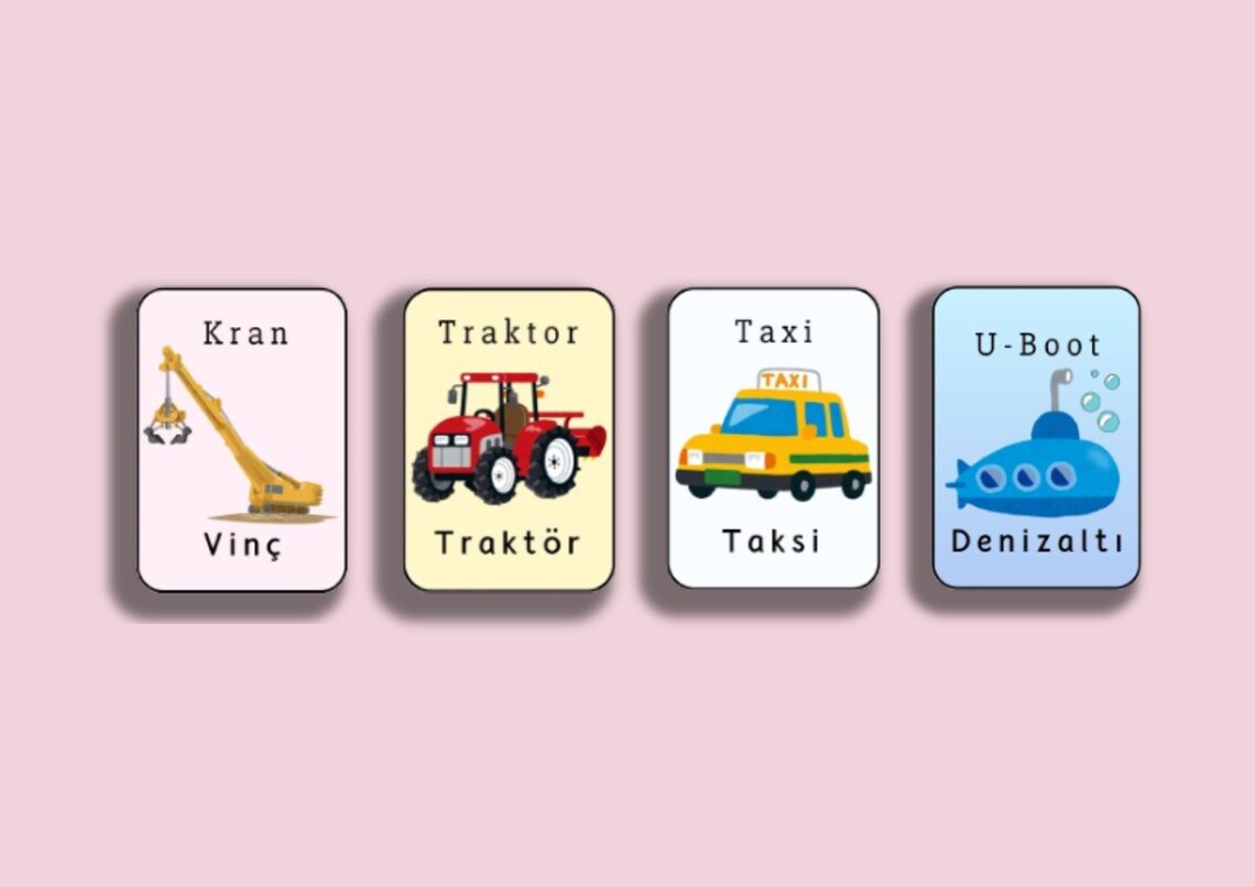 32 Transportation Vocabulary Flashcards, Turkish German Vehicle ...