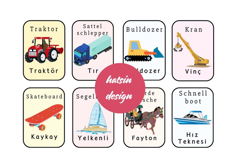 32 Transportation Vocabulary Flashcards, Turkish German Vehicle ...
