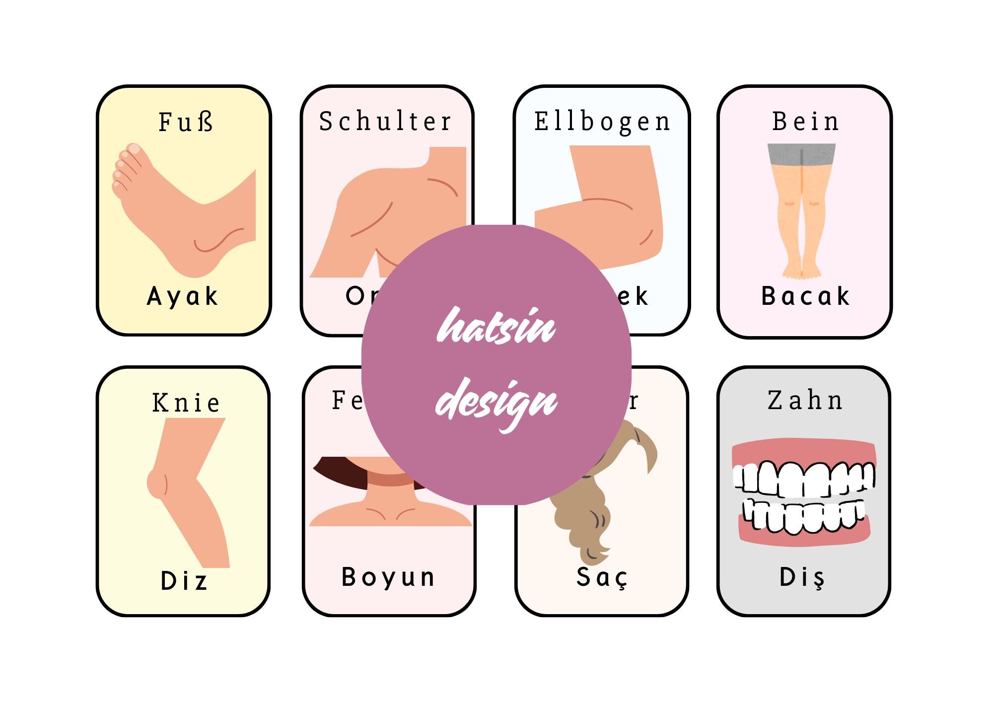 30 BILINGUAL Turkish German BODY PARTS Flashcards - Digital Download ...