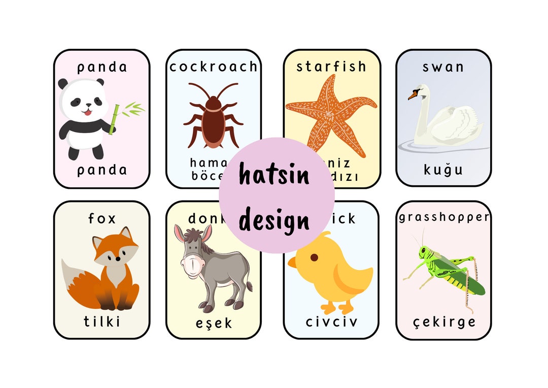 90 Turkish English Animal Flash Cards - Bilingual Flashcards - Turkish ...