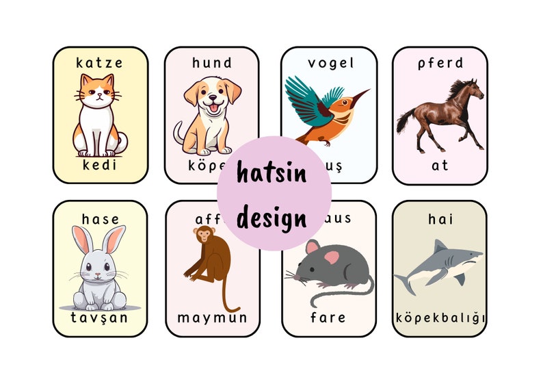 Turkish German Flashcards | 90 Bilingual Animal Flashcards Turkish ...
