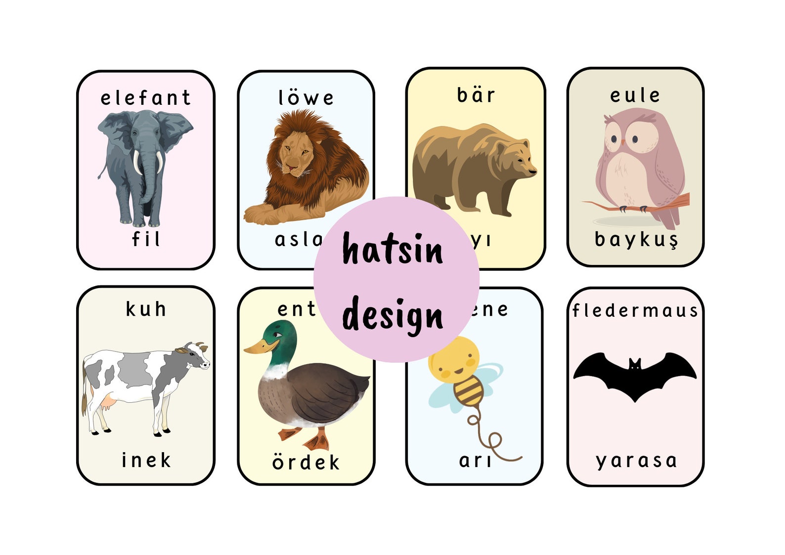 Turkish German Flashcards | 90 Bilingual Animal Flashcards Turkish ...