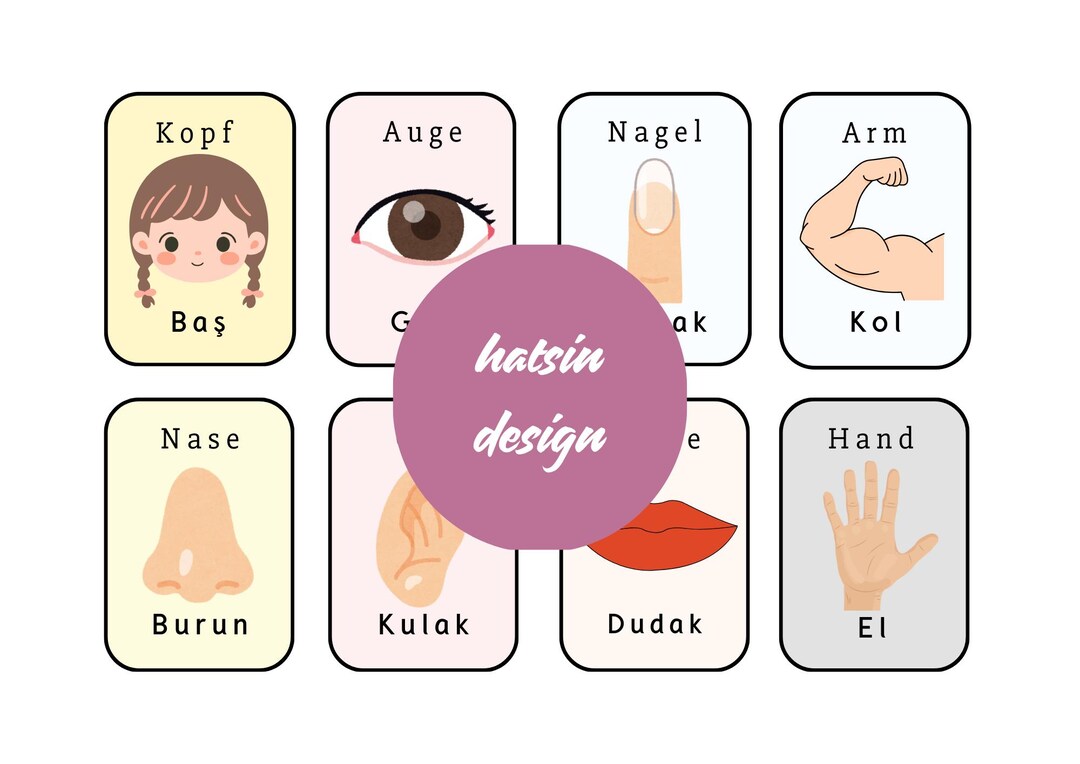 30 BILINGUAL Turkish German BODY PARTS Flashcards - Digital Download ...