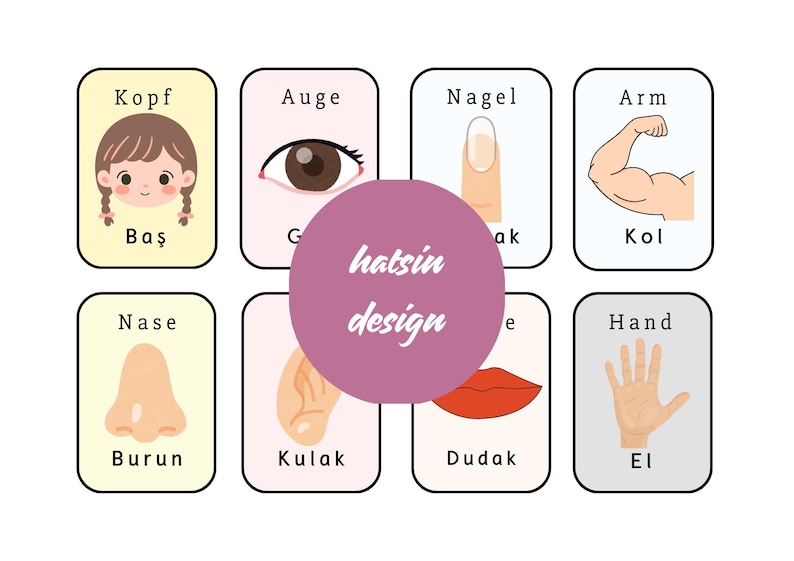 30 BILINGUAL Turkish German BODY PARTS Flashcards - Digital Download ...