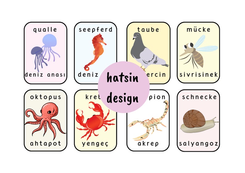 Turkish German Flashcards | 90 Bilingual Animal Flashcards Turkish ...
