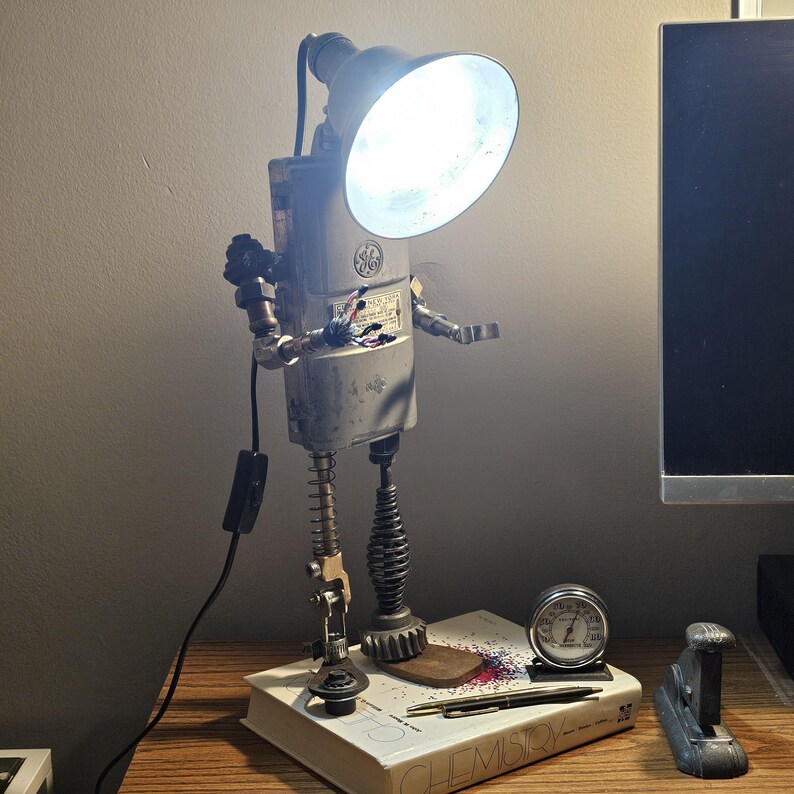 Robot Lamp Sculpture - Found Object Scrap Metal Robot Art - Office Desk ...