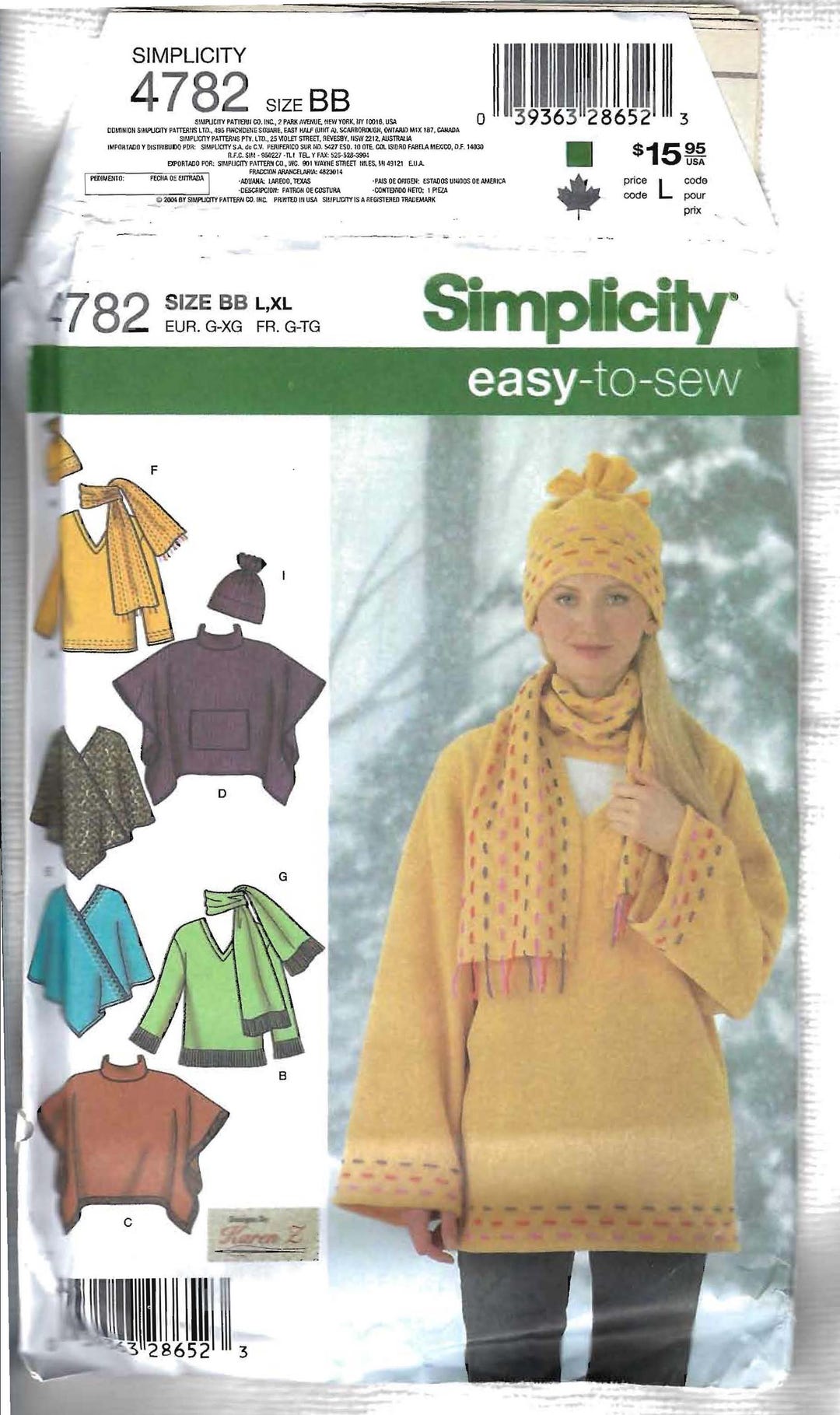 Women's Top Poncho Scarf and Hat Sewing Pattern Simplicity 4782 Size L ...