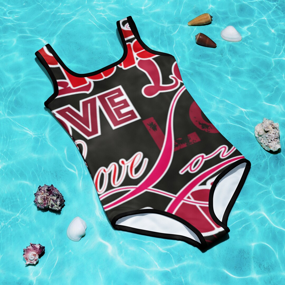All-over Print Kids Swimsuit love in Black - Etsy