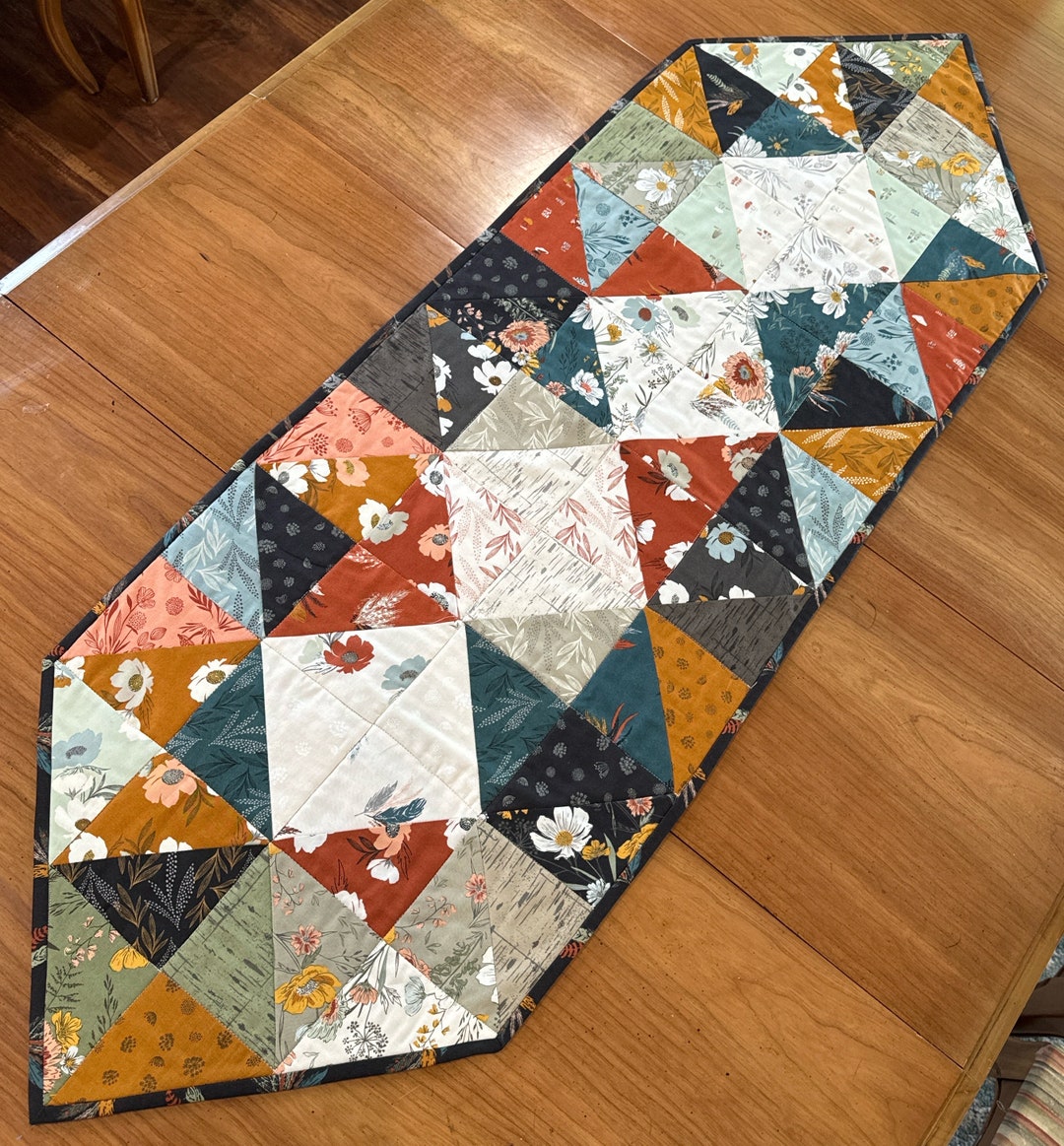Wildflower Warm Tones Teal Rust Quilted Patchwork Table Runner - Etsy