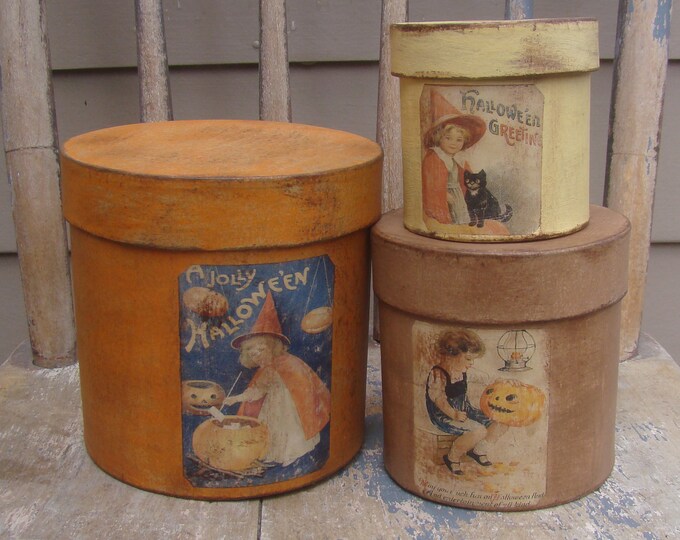 Primitive Halloween Pantry Paper Mache Boxes, Orange Brown Ivory ...