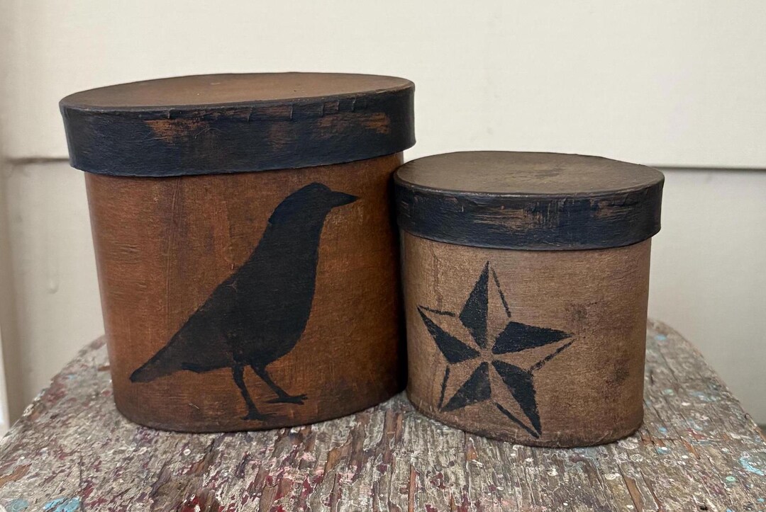 Primitive Decor, Paper Mache Pantry Boxes, Rustic Distressed, Brown Black Band, Storage Keepsake ...